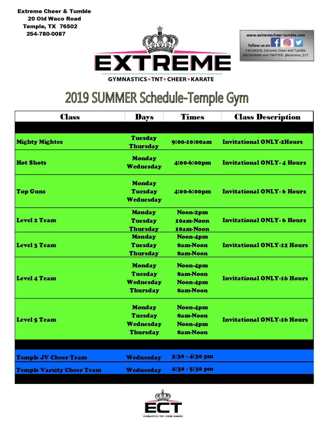 Class Schedule | Extreme Cheer & Tumble
