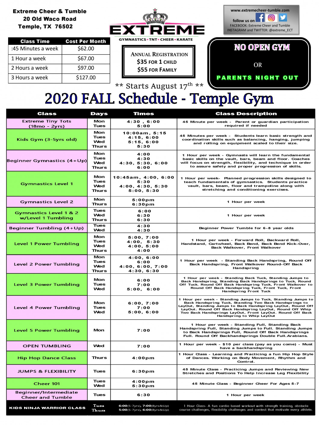 Class Schedule | Extreme Cheer & Tumble